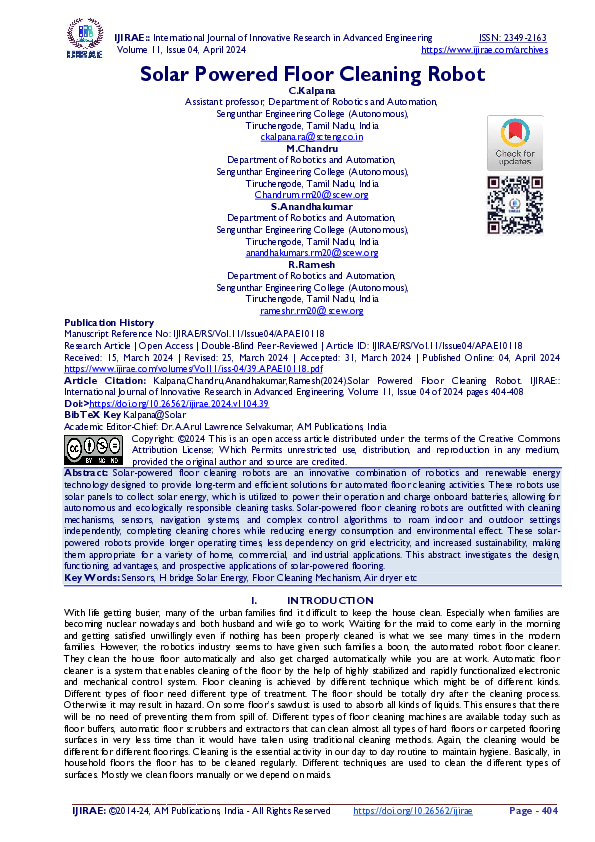 (PDF) Solar Powered Floor Cleaning Robot