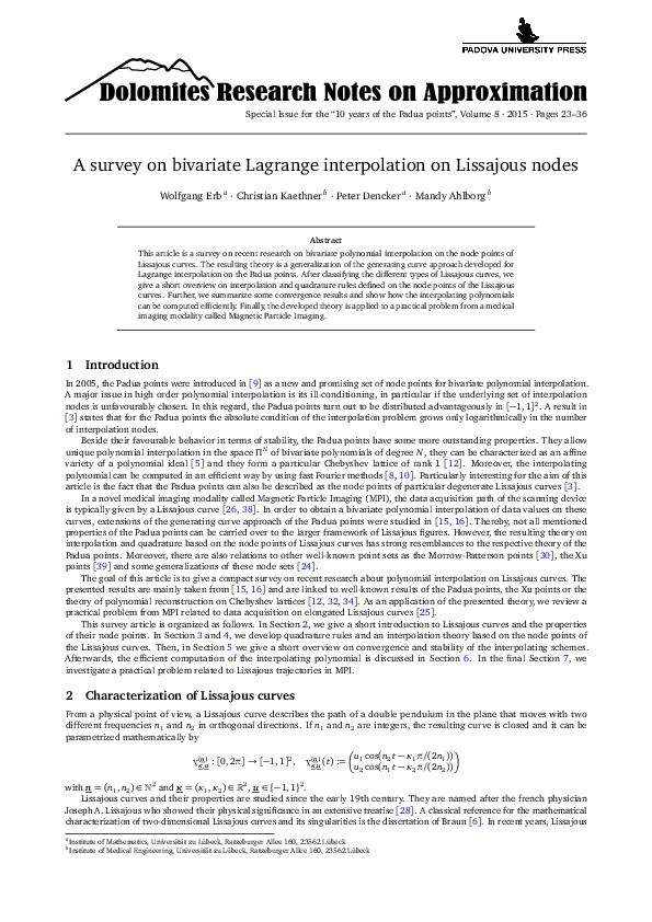 (PDF) A survey on bivariate Lagrange interpolation on Lissajous nodes