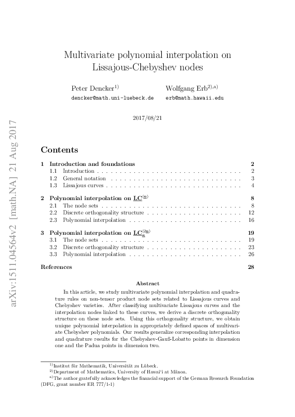 (PDF) Multivariate polynomial interpolation on Lissajous-Chebyshev nodes