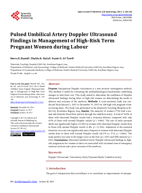 (PDF) Pulsed Umbilical Artery Doppler Ultrasound Findings in Management ...