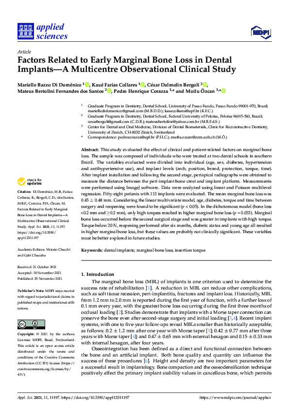 (PDF) Factors Related to Early Marginal Bone Loss in Dental Implants—A ...