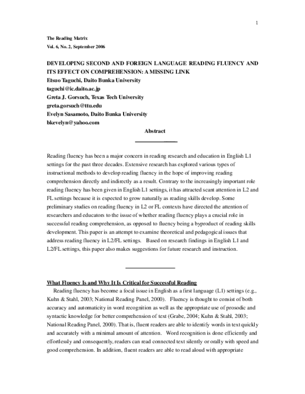 (PDF) Impact of Reading Fluency on L2/FL Comprehension