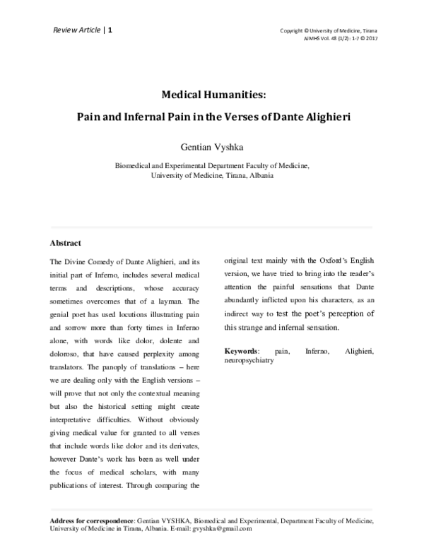 (PDF) Pain and Infernal Pain in the Verses of Dante Alighieri