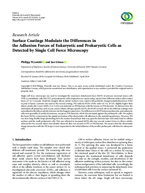 (PDF) Surface Coatings Modulate the Differences in the Adhesion Forces of Eukaryotic and ...