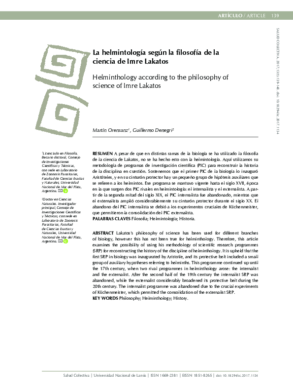 (PDF) La helmintología según la filosofía de la ciencia de Imre Lakatos