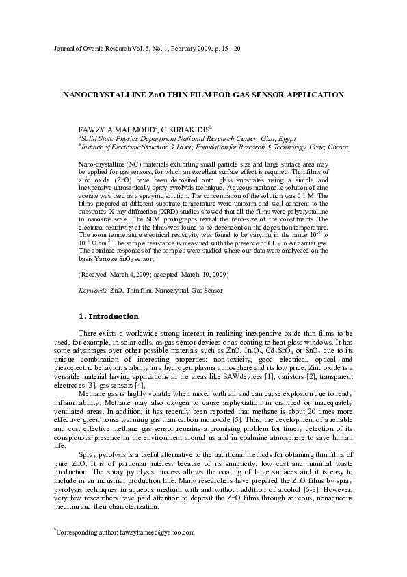 (PDF) Nanocrystalline ZnO thin film for gas sensor application