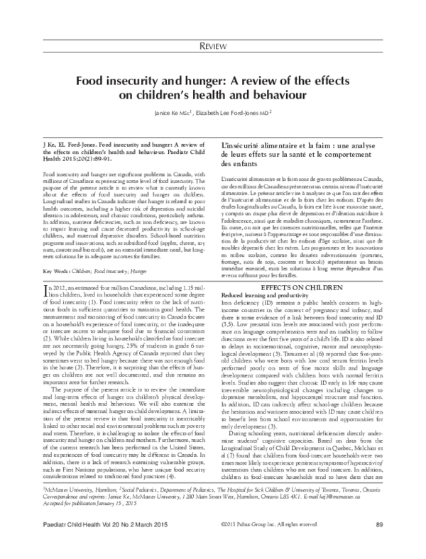 (PDF) Food insecurity and hunger: A review of the effects on children's ...