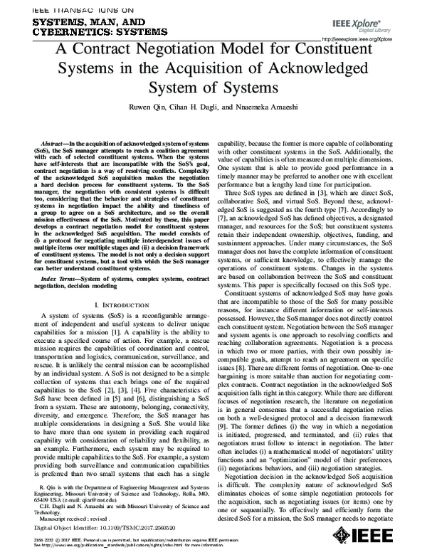 (PDF) A Contract Negotiation Model for Constituent Systems in the ...