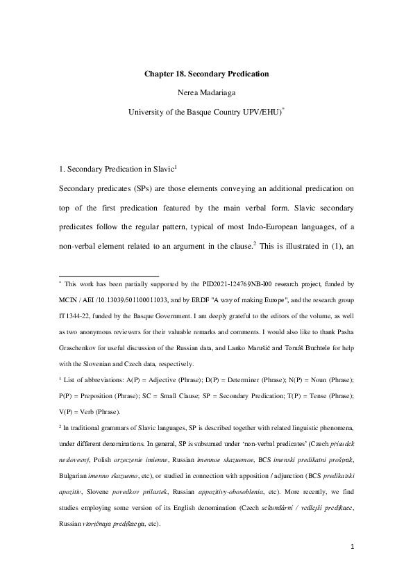 (PDF) 'Secondary Predication', Chapter 18 of the Cambridge Handbook of ...