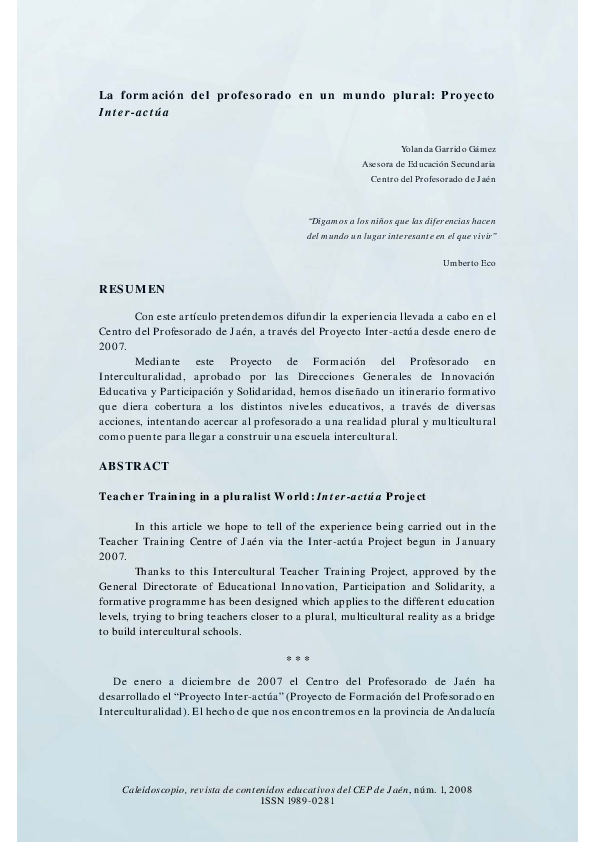 (PDF) La formación del profesorado en un mundo plural: Proyecto Inter-actúa