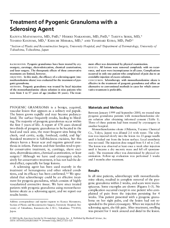 (PDF) Treatment of Pyogenic Granuloma with a Sclerosing Agent
