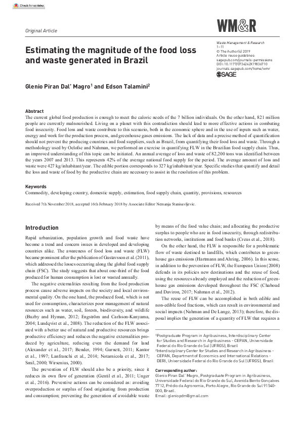 (PDF) Estimating the magnitude of the food loss and waste generated in ...