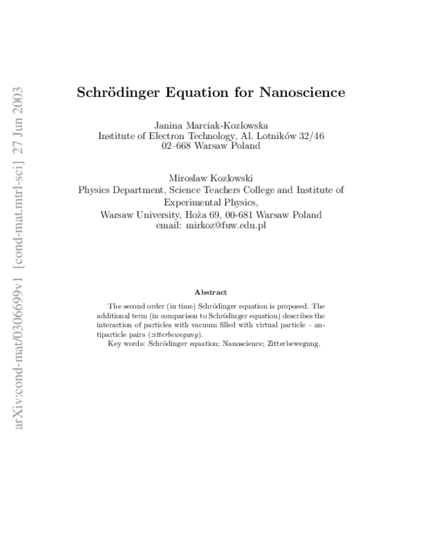 (PDF) Schrodinger Equation for Nanoscience