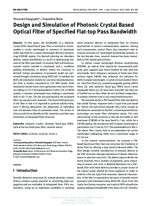 (PDF) Design and Simulation of a Photonic Crystal-Based 2-D Octagonal-Shaped Optical Drop Filter