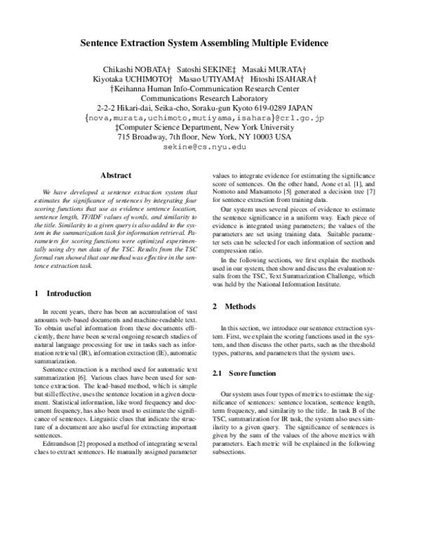 (PDF) Sentence Extraction System Assembling Multiple Evidence