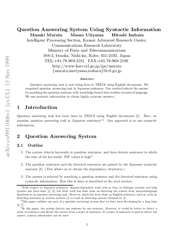 (PDF) Question Answering System Using Syntactic Information