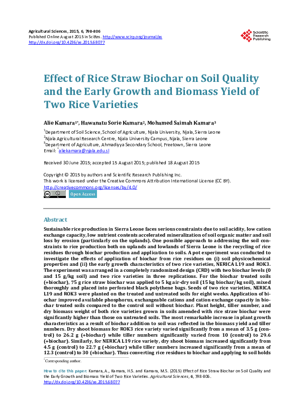 (PDF) Effect of Rice Straw Biochar on Soil Quality and the Early Growth and Biomass Yield of Two ...