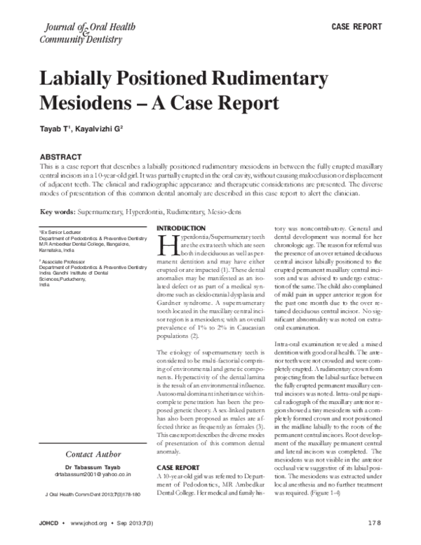 (PDF) Labially Positioned Rudimentary Mesiodens – A Case Report ...