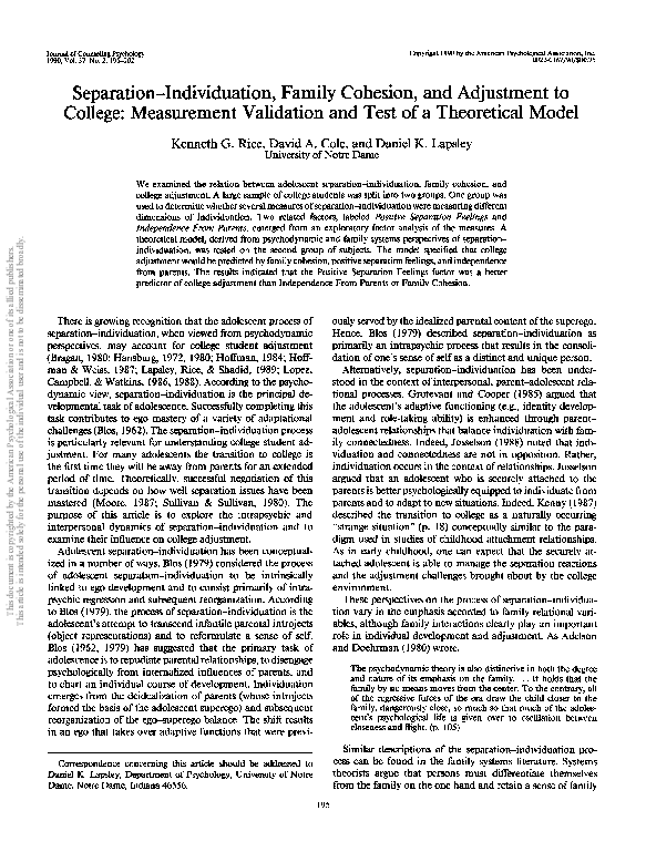 (PDF) Separationndividuation, family cohesion, and adjustment to ...