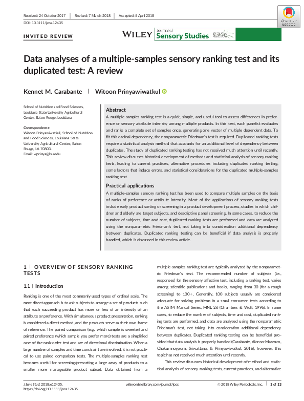 (PDF) Data analyses of a multiple‐samples sensory ranking test and its ...