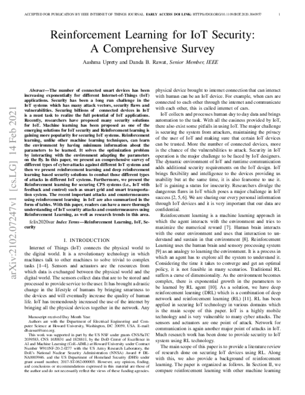 (PDF) Reinforcement Learning for IoT Security: A Comprehensive Survey