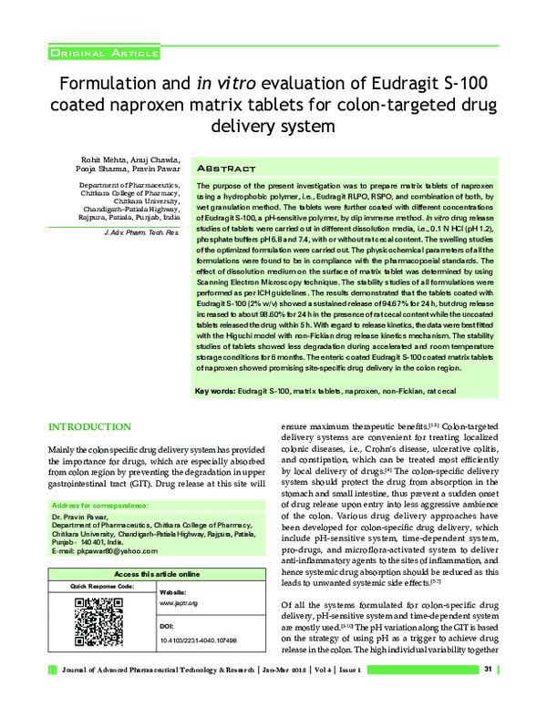 Pdf Formulation And In Vitro Evaluation Of Eudragit S 100 Coated Naproxen Matrix Tablets For