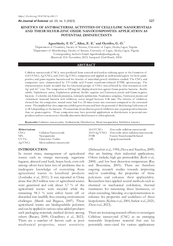 (PDF) KINETICS OF ANTIBACTERIAL ACTIVITIES OF CELLULOSE NANOCRYSTALS AND THEIR SILVER-ZINC OXIDE ...