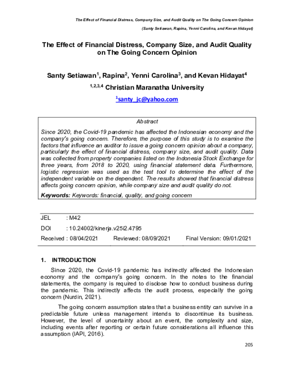 (PDF) The Effect of Financial Distress, Company Size, and Audit Quality ...