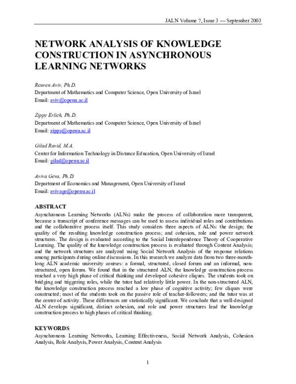 (PDF) Network Analysis of Knowledge Construction in Asynchronous Learning Networks