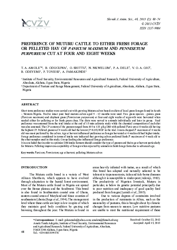 (PDF) Preference of muturu cattle to either fresh forage or pelleted ...