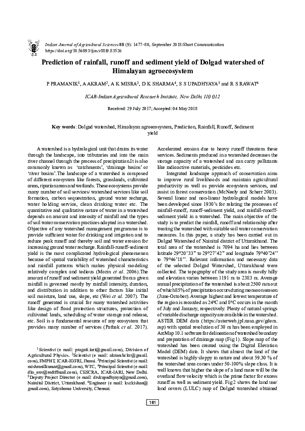 (PDF) Prediction of rainfall, runoff and sediment yield of Dolgad watershed of Himalayan ...
