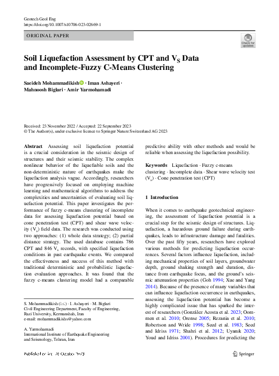 (PDF) Soil Liquefaction Assessment by CPT and VS Data and Incomplete-Fuzzy C-Means Clustering