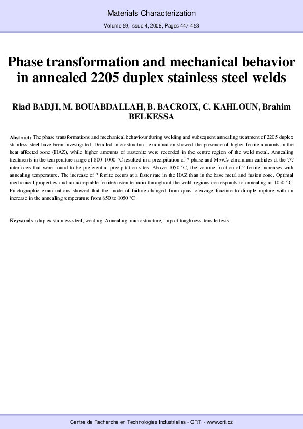 (PDF) Phase transformation and mechanical behavior in annealed 2205 duplex stainless steel welds