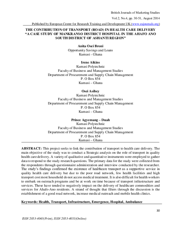 (PDF) THE CONTRIBUTION OF TRANSPORT (ROAD) IN HEALTH CARE DELIVERY "A ...