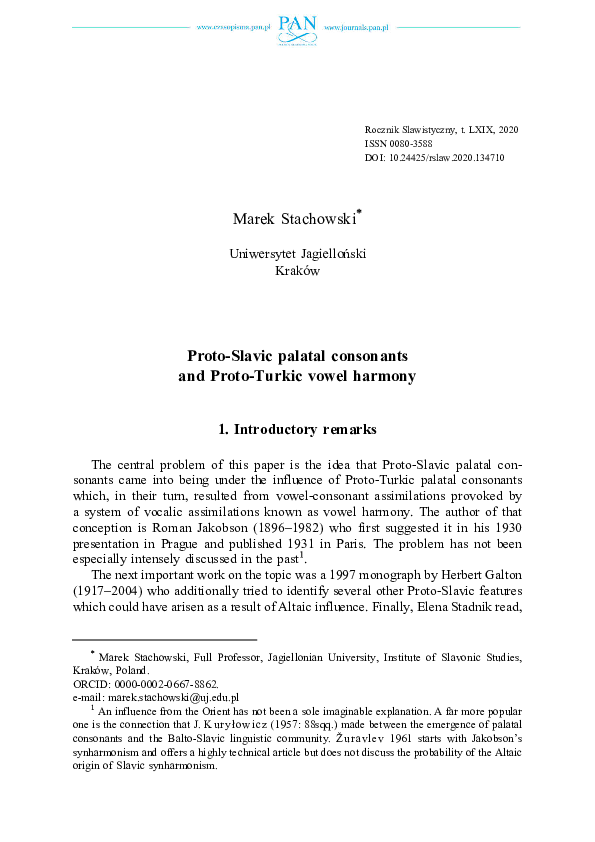 (PDF) Proto-Slavic palatal consonants and Proto-Turkic vowel harmony
