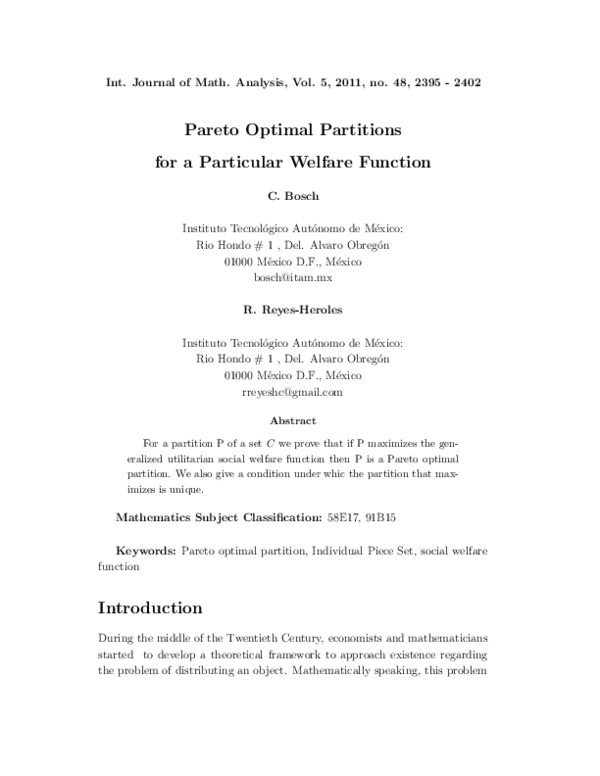 (PDF) Pareto Optimal Partitions for a Particular Welfare Function