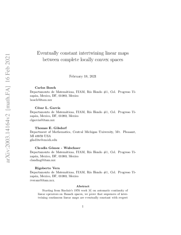 Pdf Eventually Constant Intertwining Linear Maps Between Complete Locally Convex Spaces