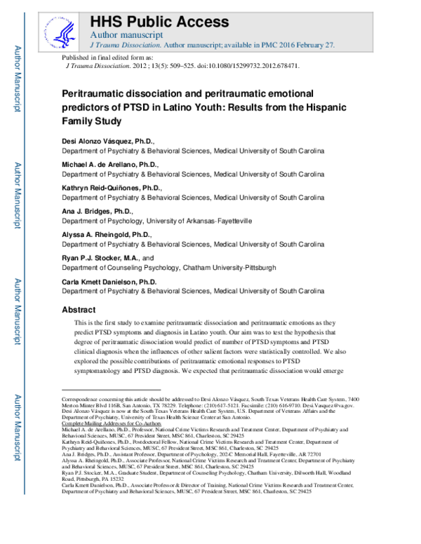 (PDF) Peritraumatic Dissociation and Peritraumatic Emotional Predictors ...