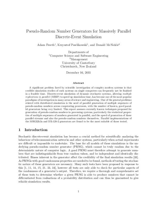 (PDF) Pseudo-Random Number Generators for Massively Parallel Discrete-Event Simulation