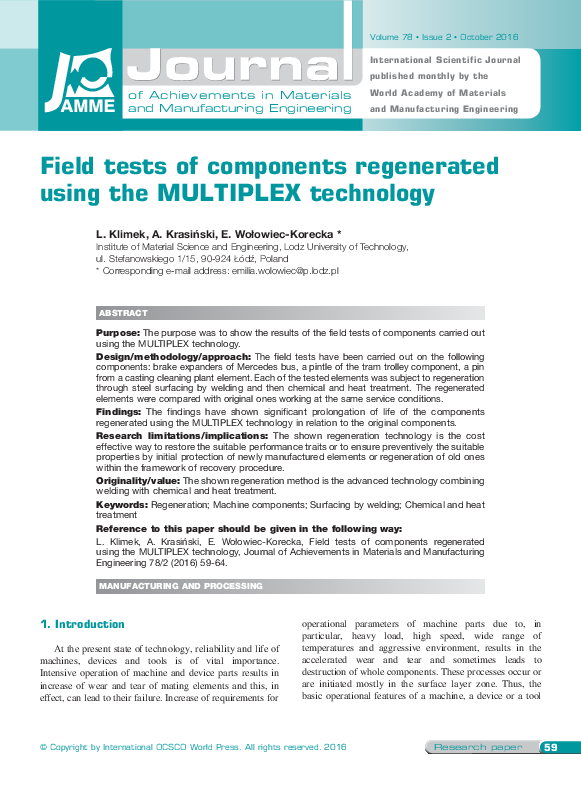 (PDF) Field tests of components regenerated using the MULTIPLEX technology