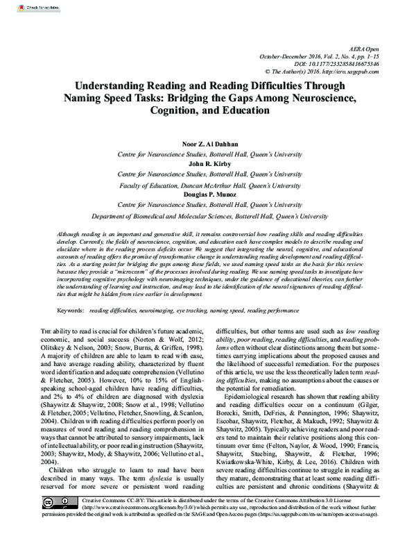 (PDF) Understanding Reading and Reading Difficulties Through Naming Speed Tasks