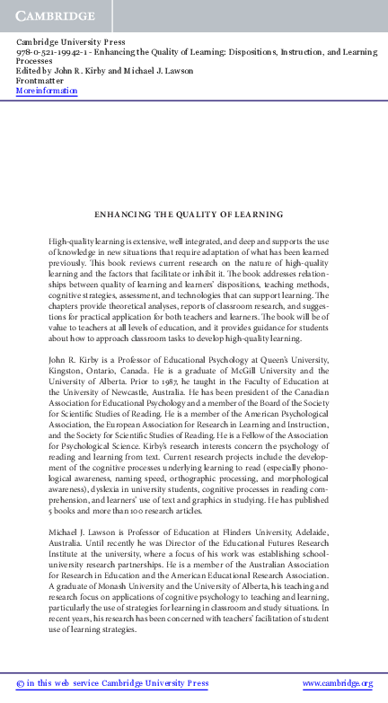 (PDF) Enhancing the quality of learning : dispositions, instruction ...