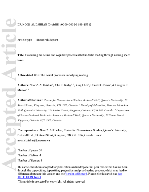 (PDF) Examining the neural and cognitive processes that underlie reading through naming speed tasks