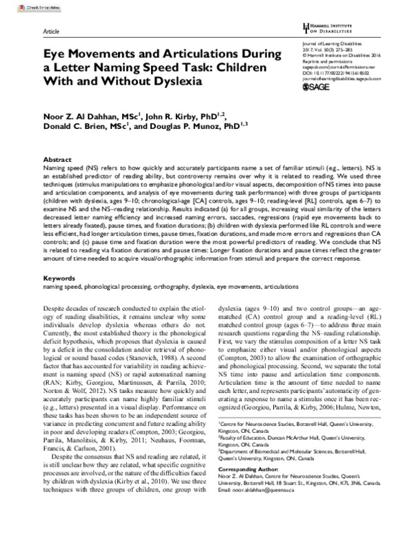 (PDF) Eye Movements and Articulations During a Letter Naming Speed Task