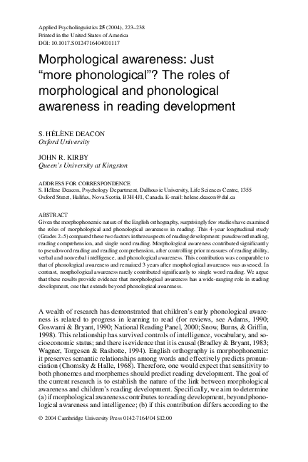 (PDF) Morphological awareness: Just “more phonological”? The roles of ...