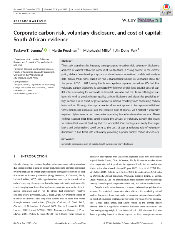 (PDF) Corporate carbon risk, voluntary disclosure, and cost of capital: South African evidence
