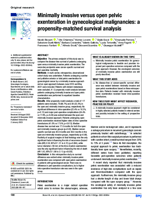 (PDF) Minimally invasive versus open pelvic exenteration in gynecological malignancies: a ...