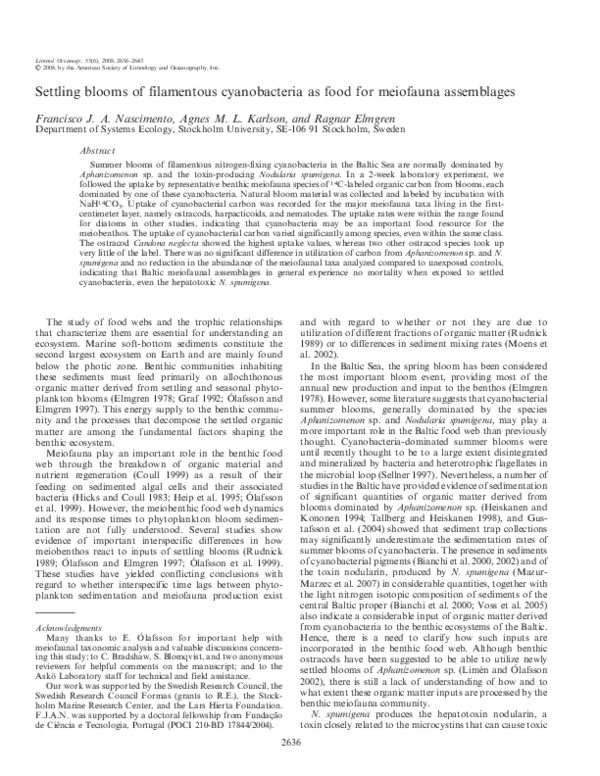 (PDF) Settling blooms of filamentous cyanobacteria as food for ...