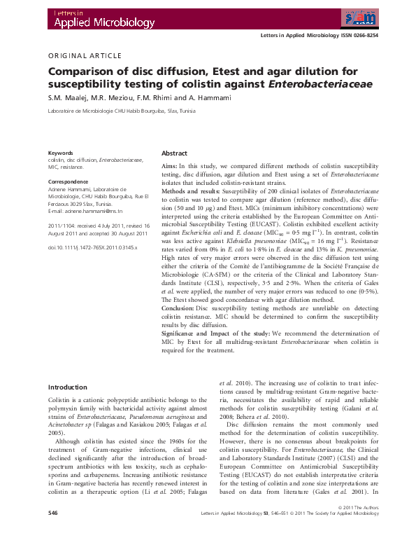 (PDF) Comparison of disc diffusion, Etest and agar dilution for ...