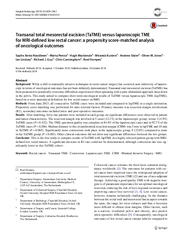 (PDF) Transanal total mesorectal excision (TaTME) versus laparoscopic TME for MRI-defined low ...
